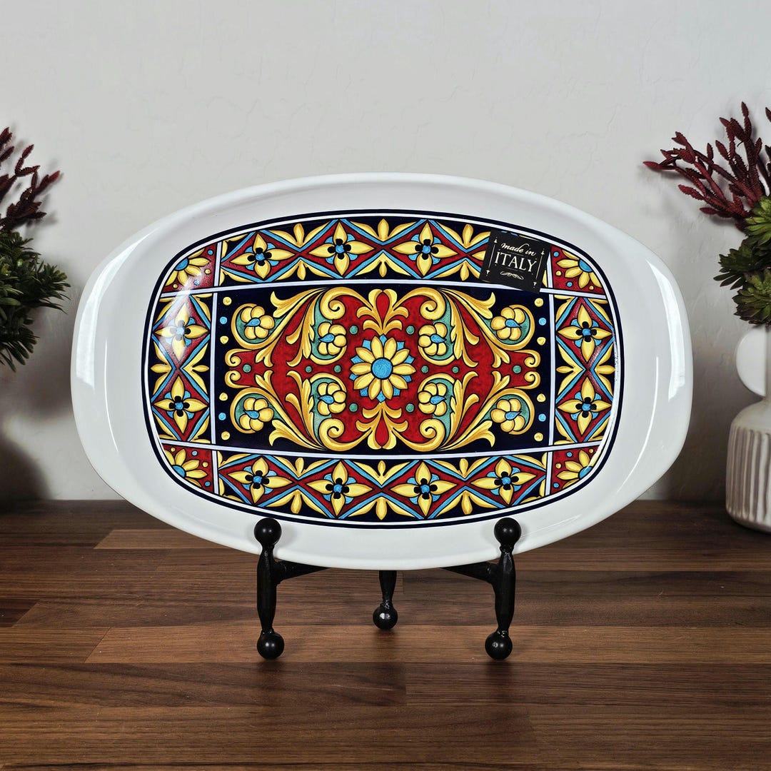 Authentic Italian Deruta Ceramic Serving Tray - Geometric Floral Design ...