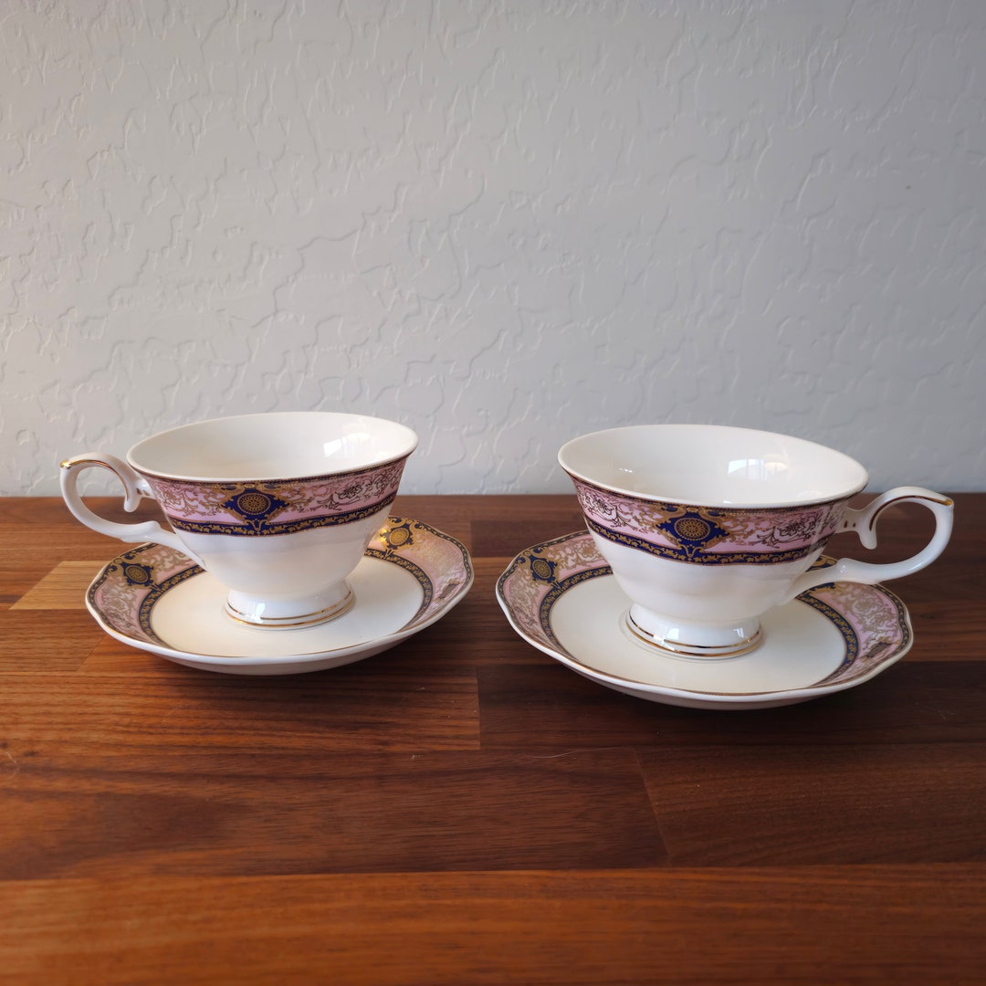 Grace Teaware Pink Banded Teacup Saucer, Gold Floral Accent With Royal ...