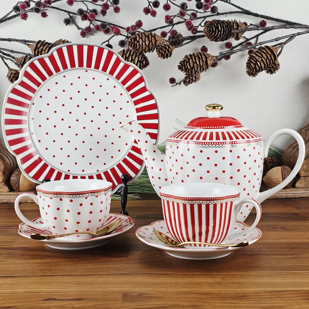 Red and White Christmas Tea Set: 1 Teapot, 1 Cookie Plate, 2 Teacups, 2 ...