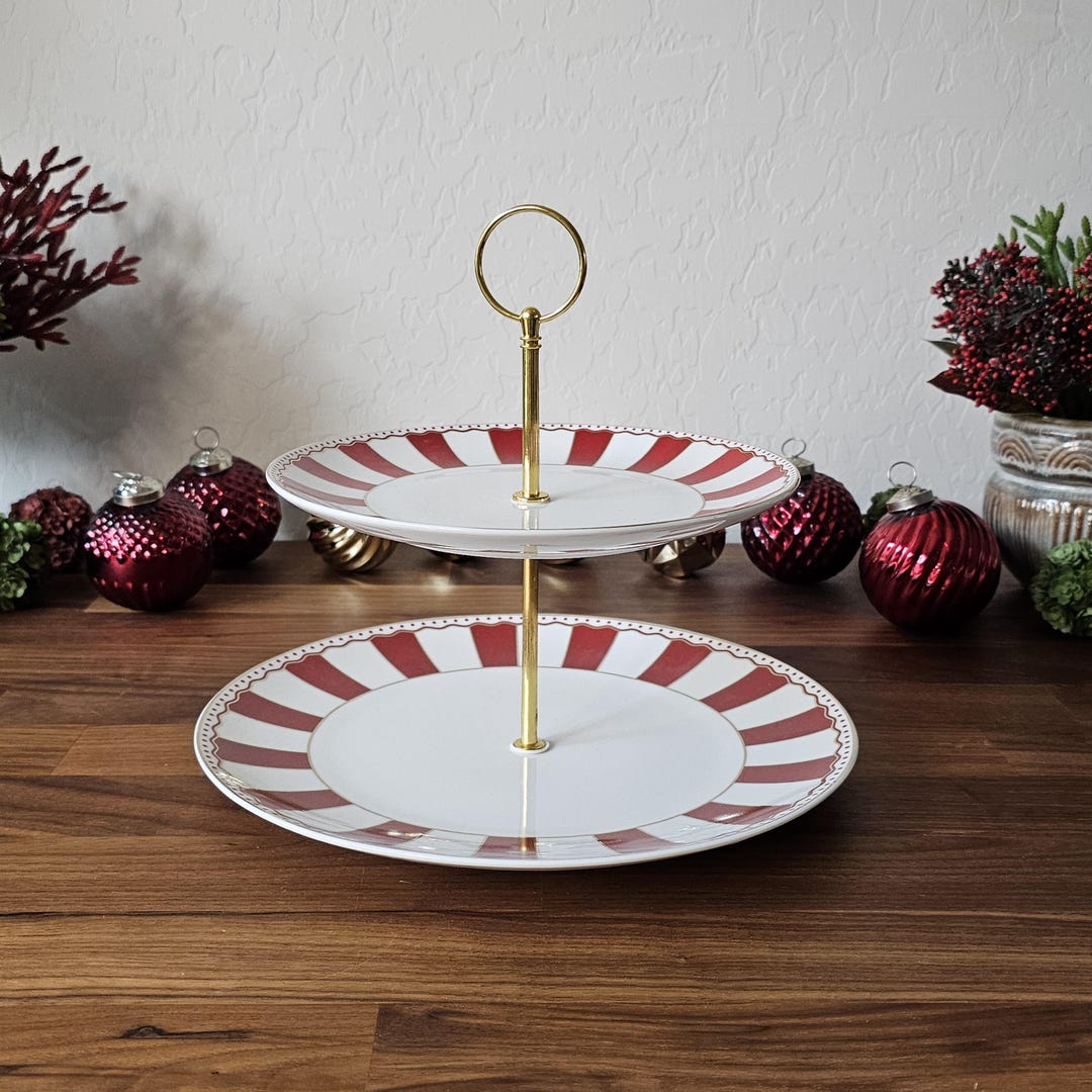Tiered Serving Tray, Red and White Stripe, Two Tier Platter, Ceramic ...