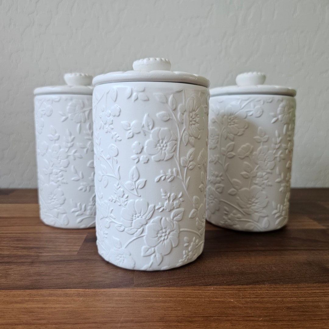 S/3 Small Floral Ceramic Canisters, Kitchen Canisters, White Flowers ...