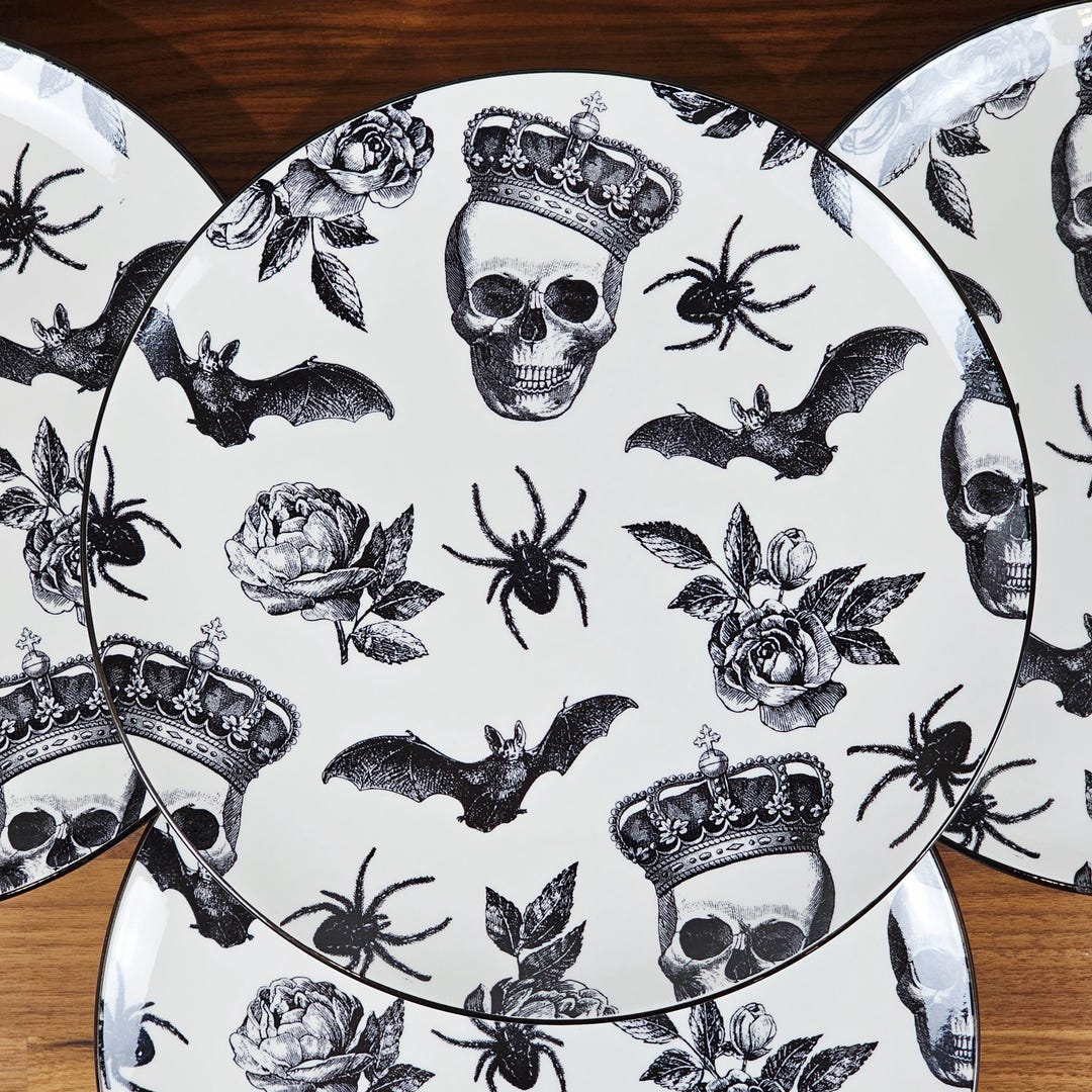 Gothic Halloween Dinner Plates Set of 4 – Skull Crown, Bats & Roses ...