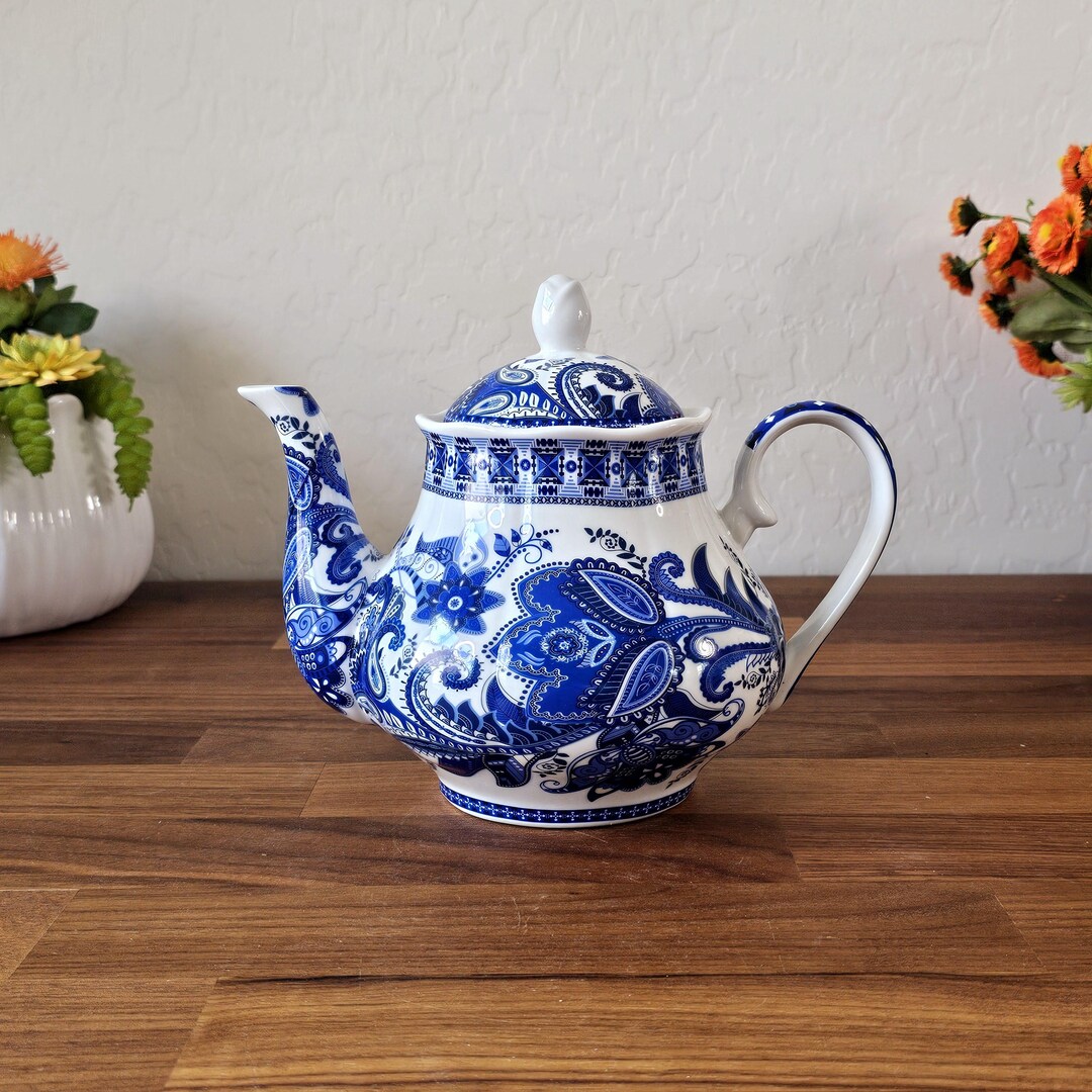 Blue and White Boho Paisley Teapot - Vintage Inspired English Design ...
