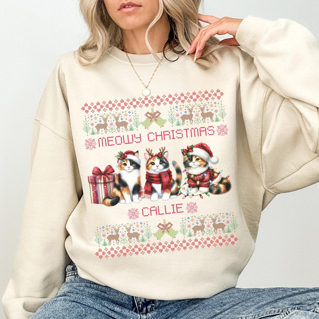 Custom Watercolor Calico Cat Name Ugly Christmas Sweater, Personalized ...