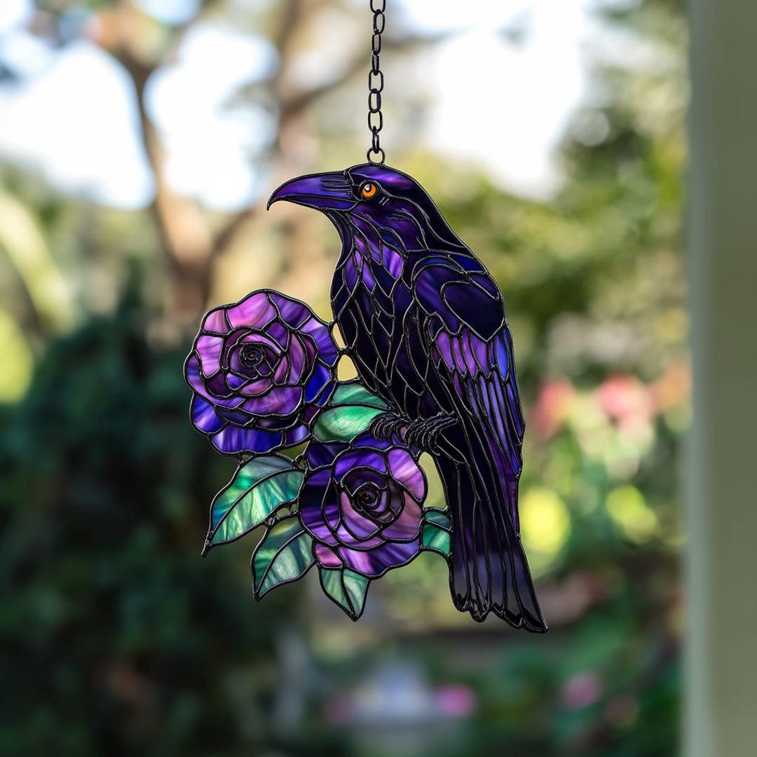 Gothic Raven Roses Faux Stained Glass Acrylic Suncatcher, Dark Bird ...