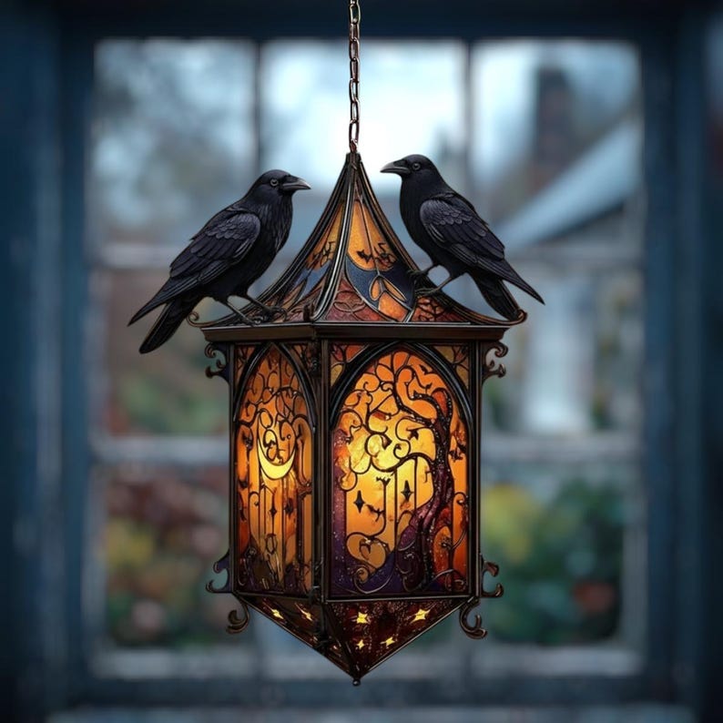 Raven Lantern Faux Stained Glass Suncatcher, Gothic Halloween Window ...