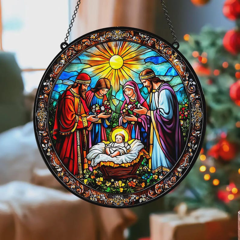 Nativity Scene With Baby Jesus Acrylic Faux Stained Glass Suncatcher ...