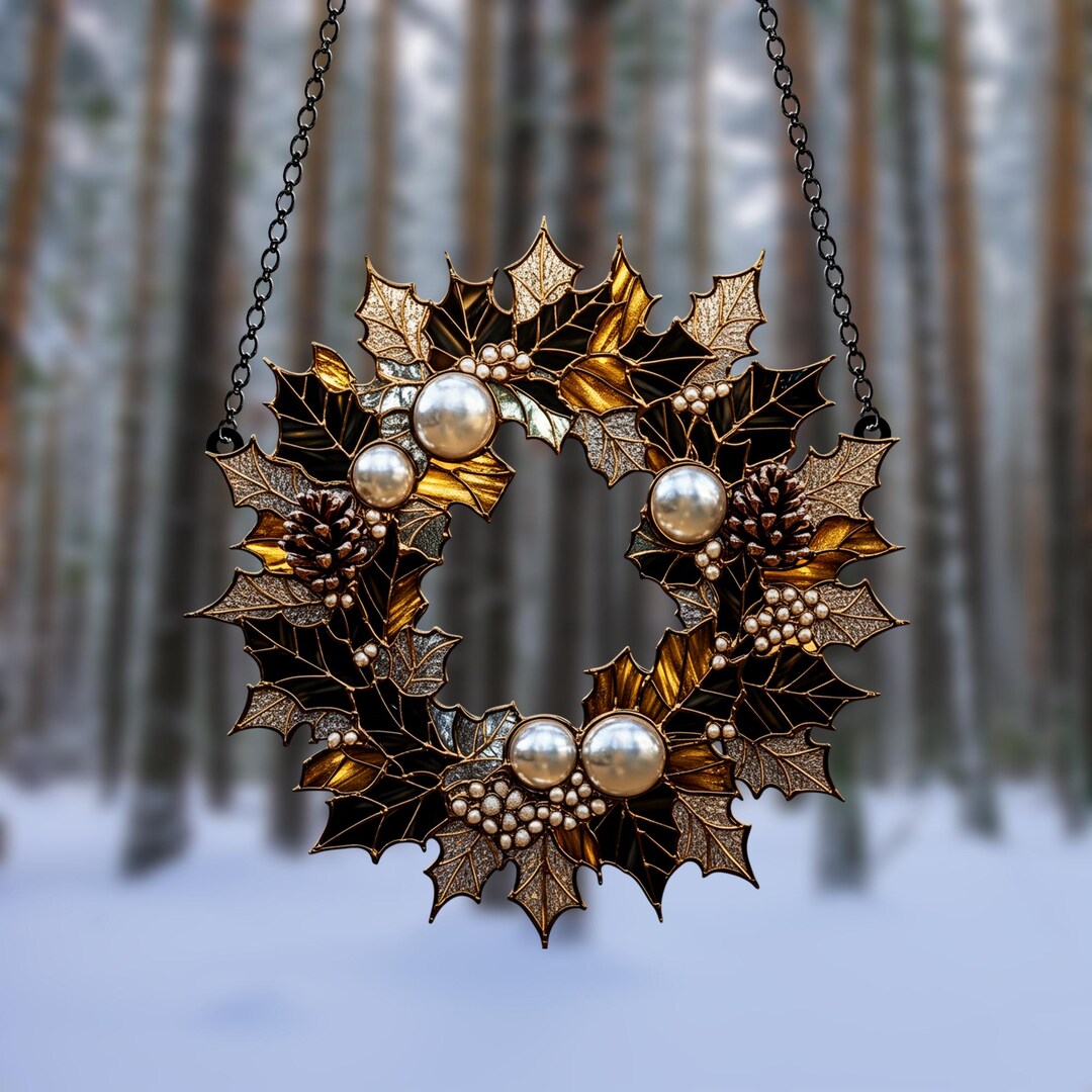 Gold Holly Wreath Acrylic Window Hanging – 2025 Christmas Ornament Faux ...