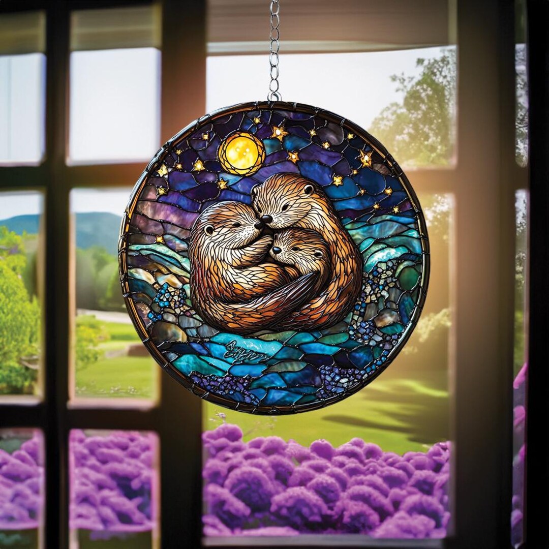 Adorable Sea Otter Family Stained Glass Decor – Cozy Marine Wildlife ...