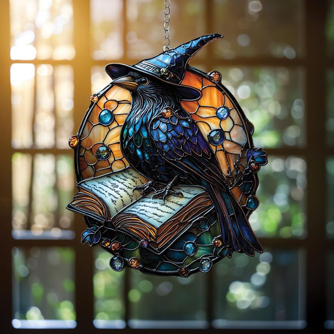 Spellbook Raven Suncatcher, Acrylic Hanging Art With Witch Hat ...