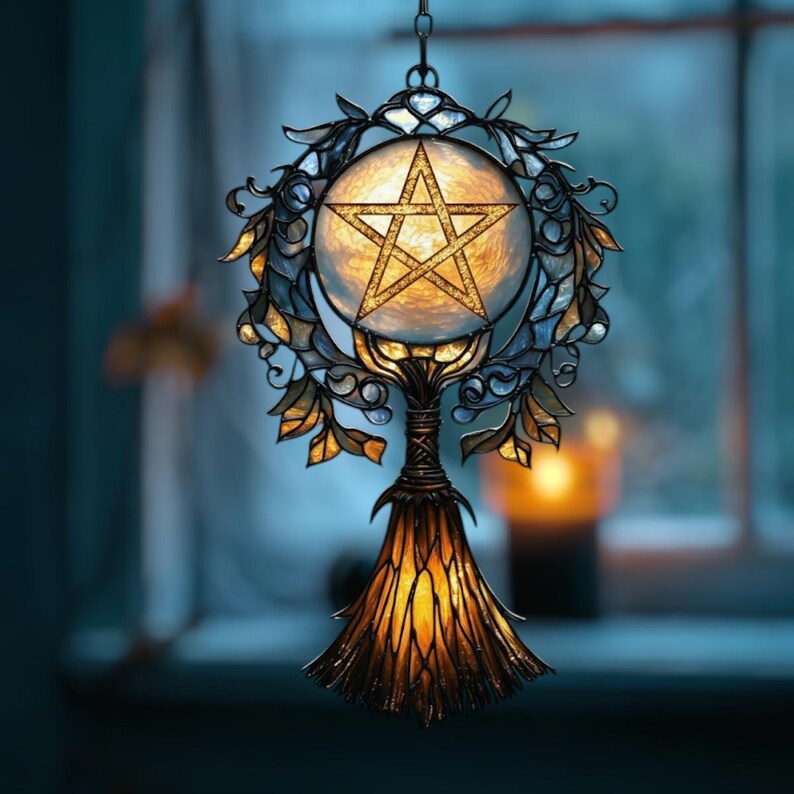 Wiccan Pentacle Acrylic Suncatcher, Witch Broom Faux Stained Glass ...