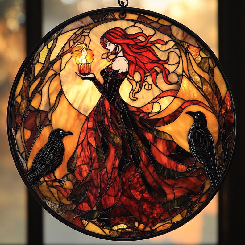 Witch With Candle Faux Stained Glass ACRYLIC Suncatcher - Raven Moon ...