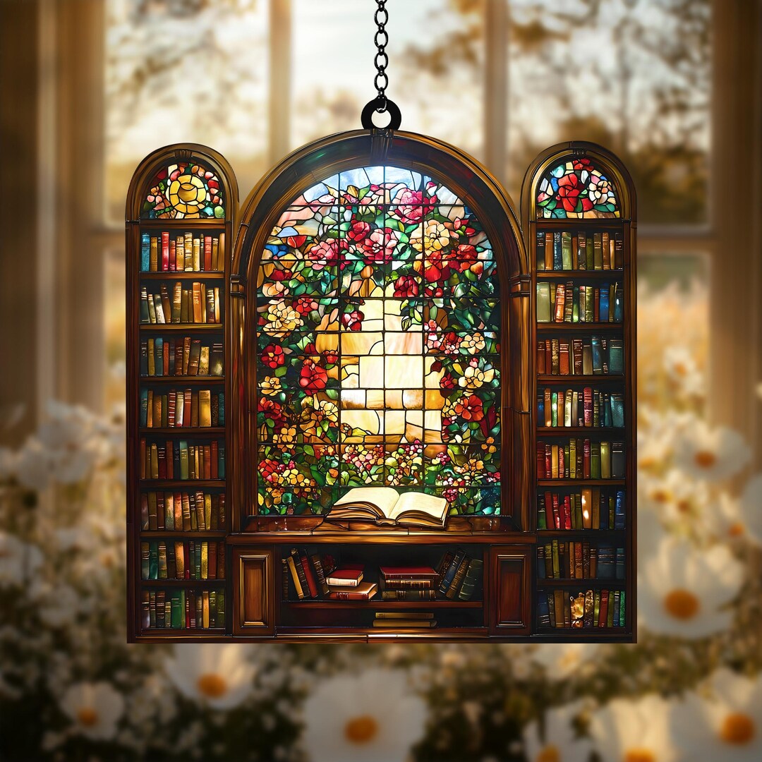 Library With Flower ACRYLIC Ornament Wildflowers Book Window Hanging ...