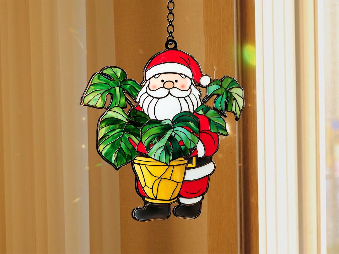 Santa Claus and Monstera Christmas ACRYLIC Suncatcher, Xmas Santa Plant ...