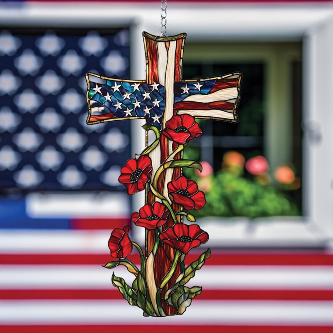 American Flag Cross Suncatcher With Red Poppies, Patriotic Memorial Day ...
