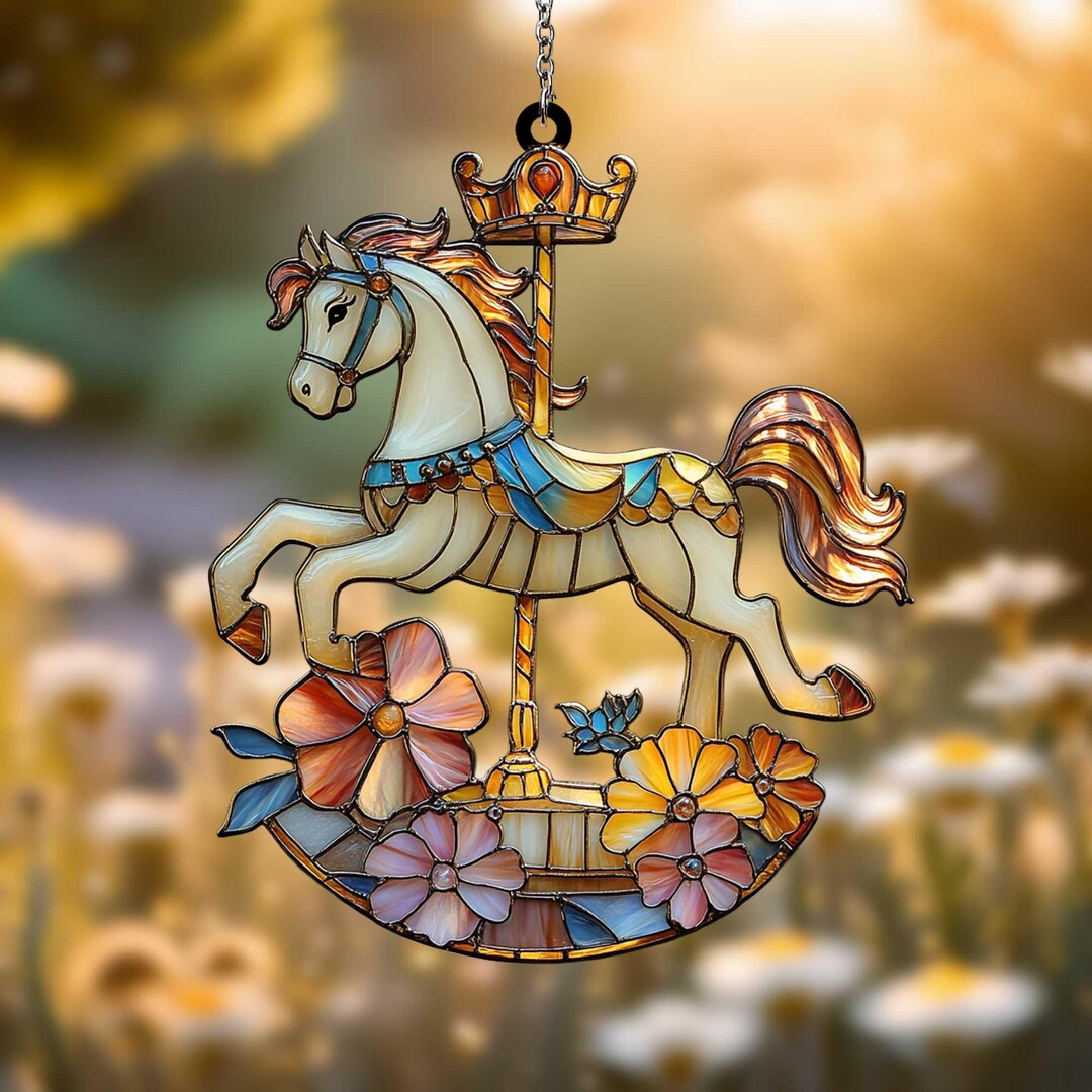 Carousel Horse Floral Suncatcher, Acrylic Window Hanging With Pastel ...