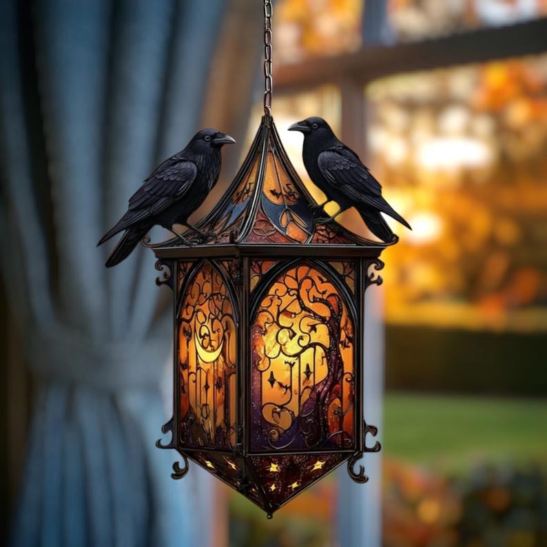 Raven Lantern Faux Stained Glass Suncatcher, Gothic Halloween Window ...