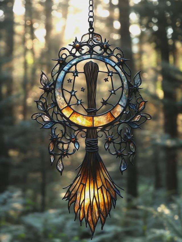 Wiccan Pentacle Acrylic Suncatcher, Witch Broom Faux Stained Glass ...