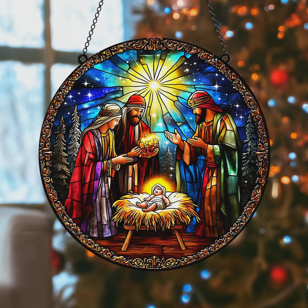 Nativity Scene With Baby Jesus Acrylic Faux Stained Glass Suncatcher ...