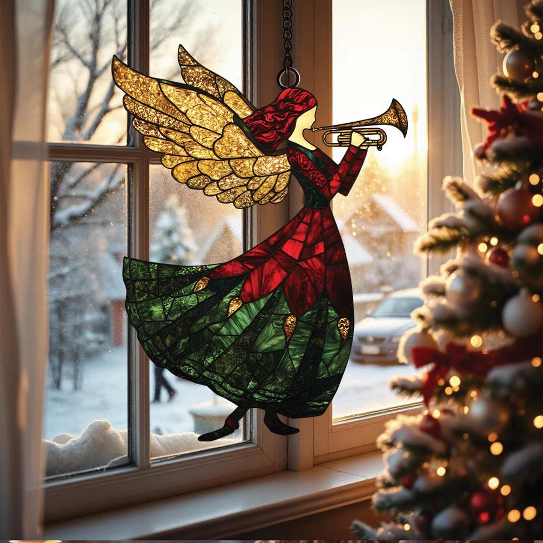 Whimsical Christmas Angel Suncatcher, Angel With Trumpet Ornament ...