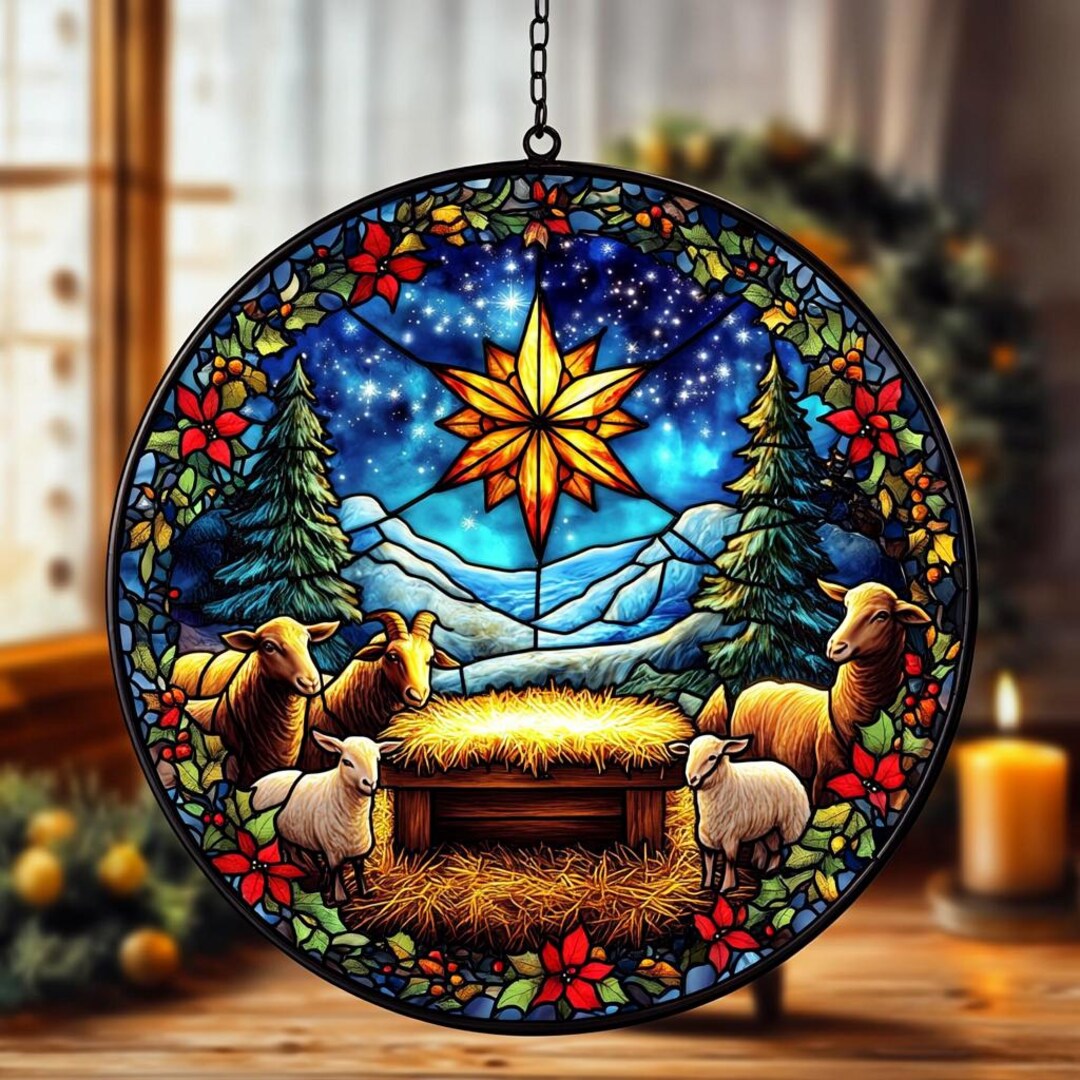 Christmas Manger Faux Stained Glass Ornament - Nativity Scene Acrylic ...