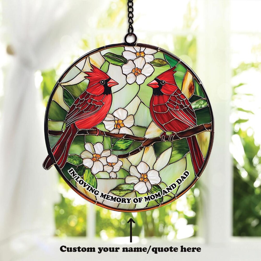 Red Cardinal Glass Suncatcher, Acrylic Ornament Window Hanging Red Bird ...