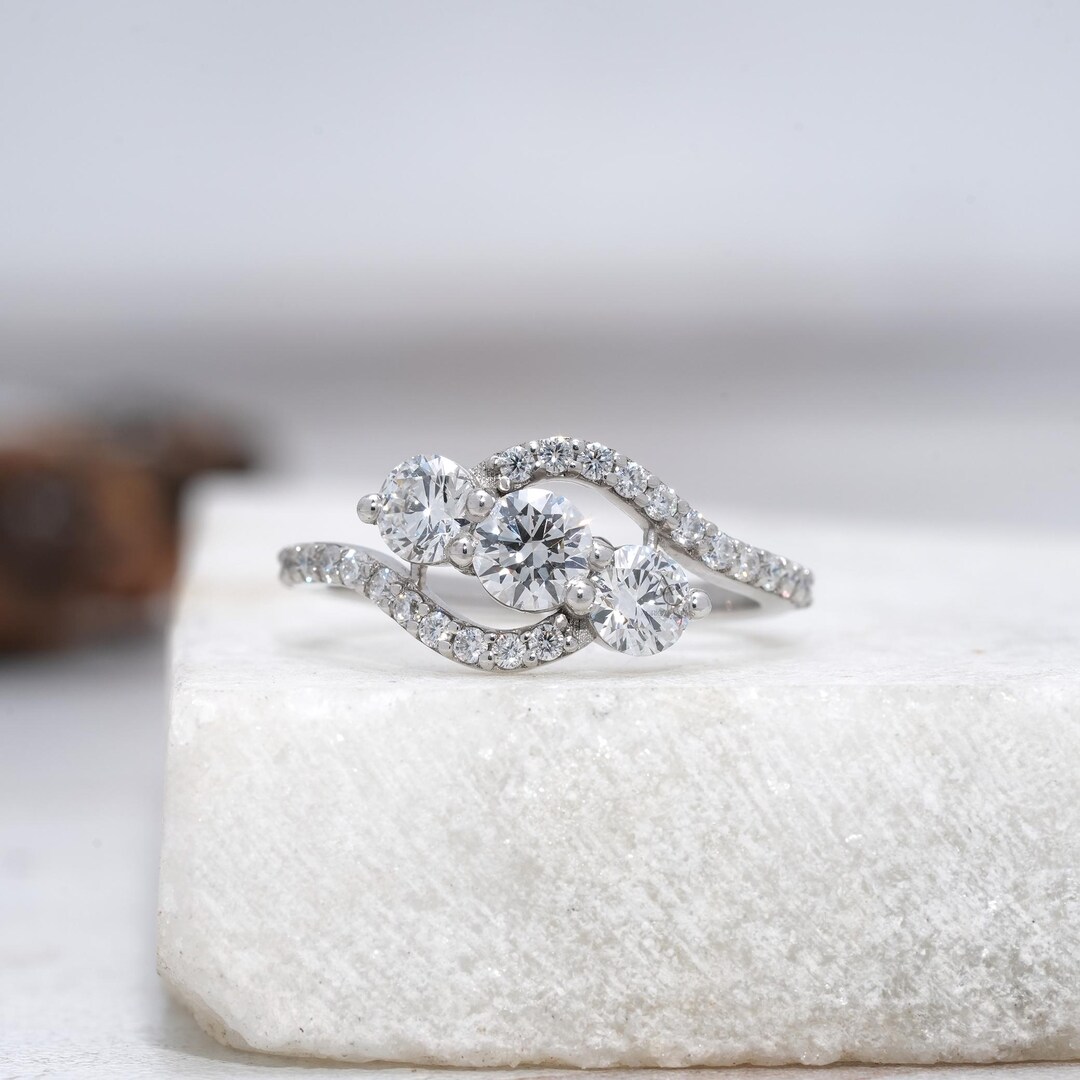 Bypass Split Shank Three Stone Ring, Round Lab Grown Diamond Engagement ...