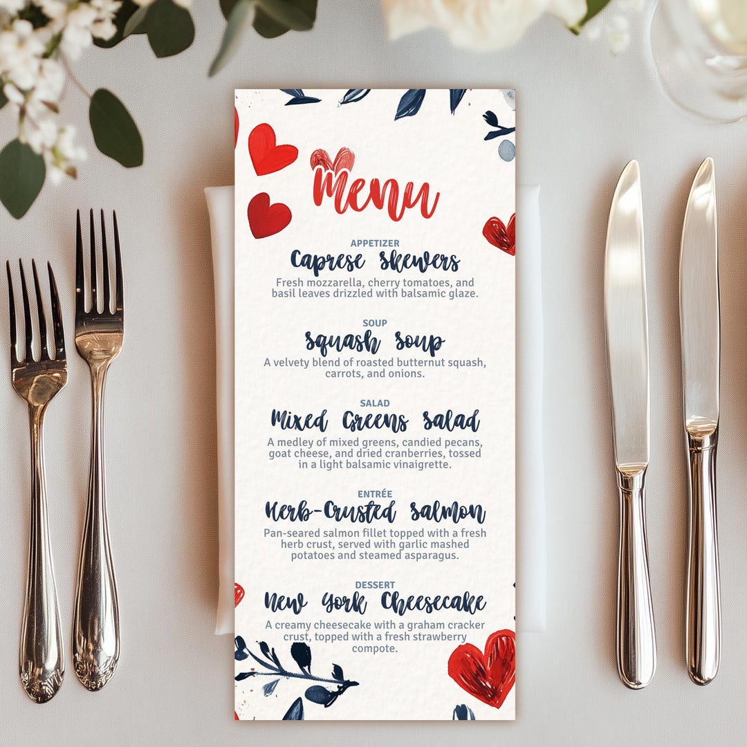 Hearts Wedding Menu Card, Printable Menu Template, Editable Canva Menu, Romantic Dinner Menu ...