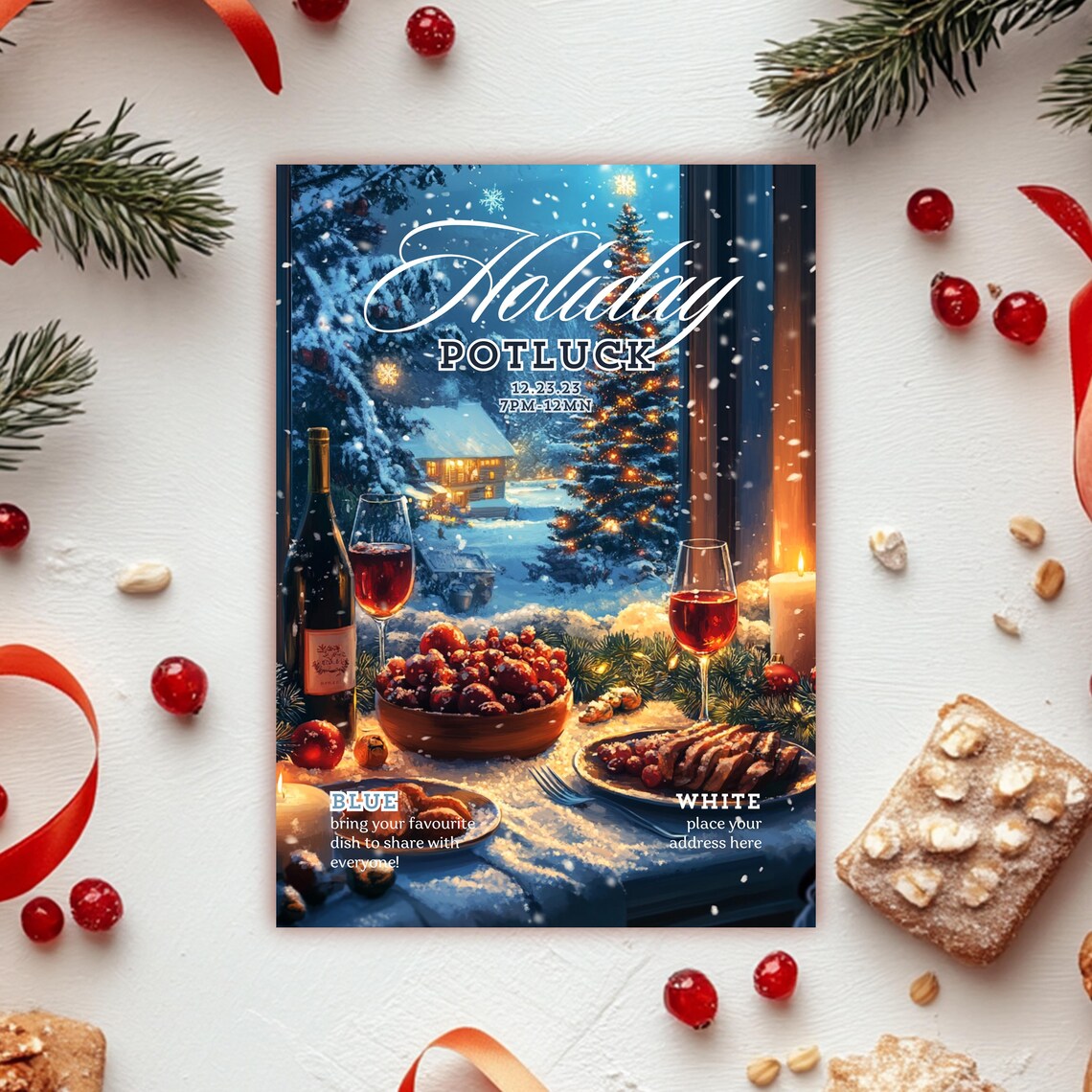 Invitation Card Template Snowy Christmas Potluck Dinner Poster ...