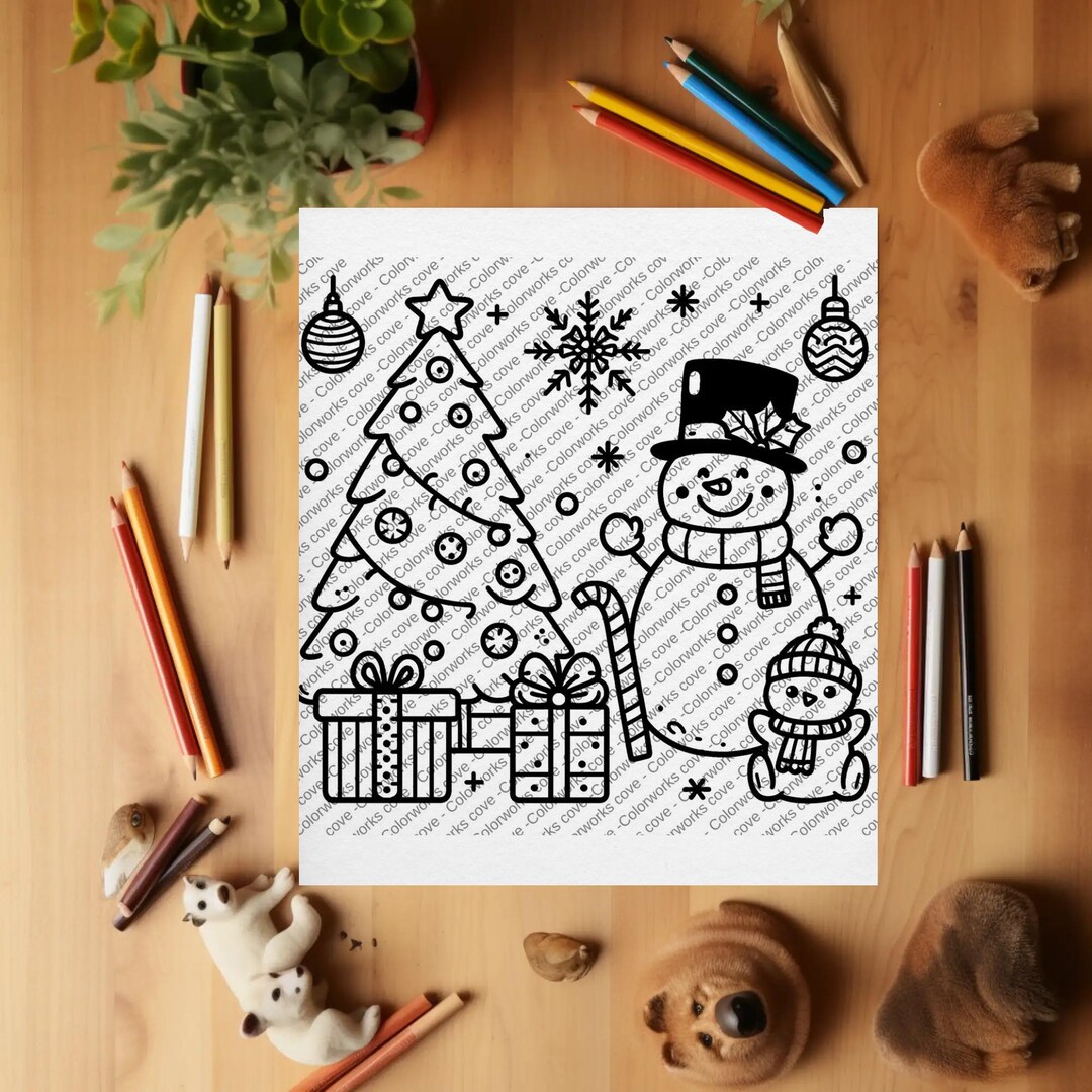 Christmas Tree and Snowman Coloring Page- Winter Art Activity, Holiday ...