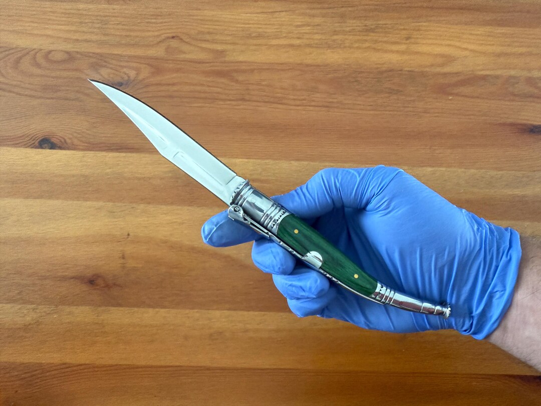 4.13” Spanish Navaja Serrana Ratchet Folding Knife Green Stamina Wood ...