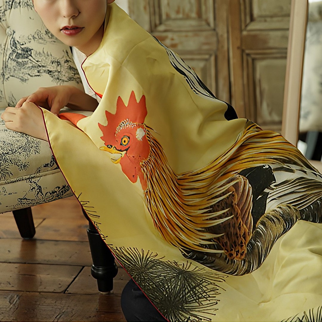 Ukiyo-e Japanese Art Silk Scarf Jakuchu Ito Multicolor 35.5”x35.5 ...