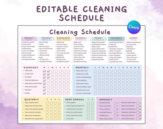 Editable Cleaning Schedule Planner: Household Chore Chart (printable ...