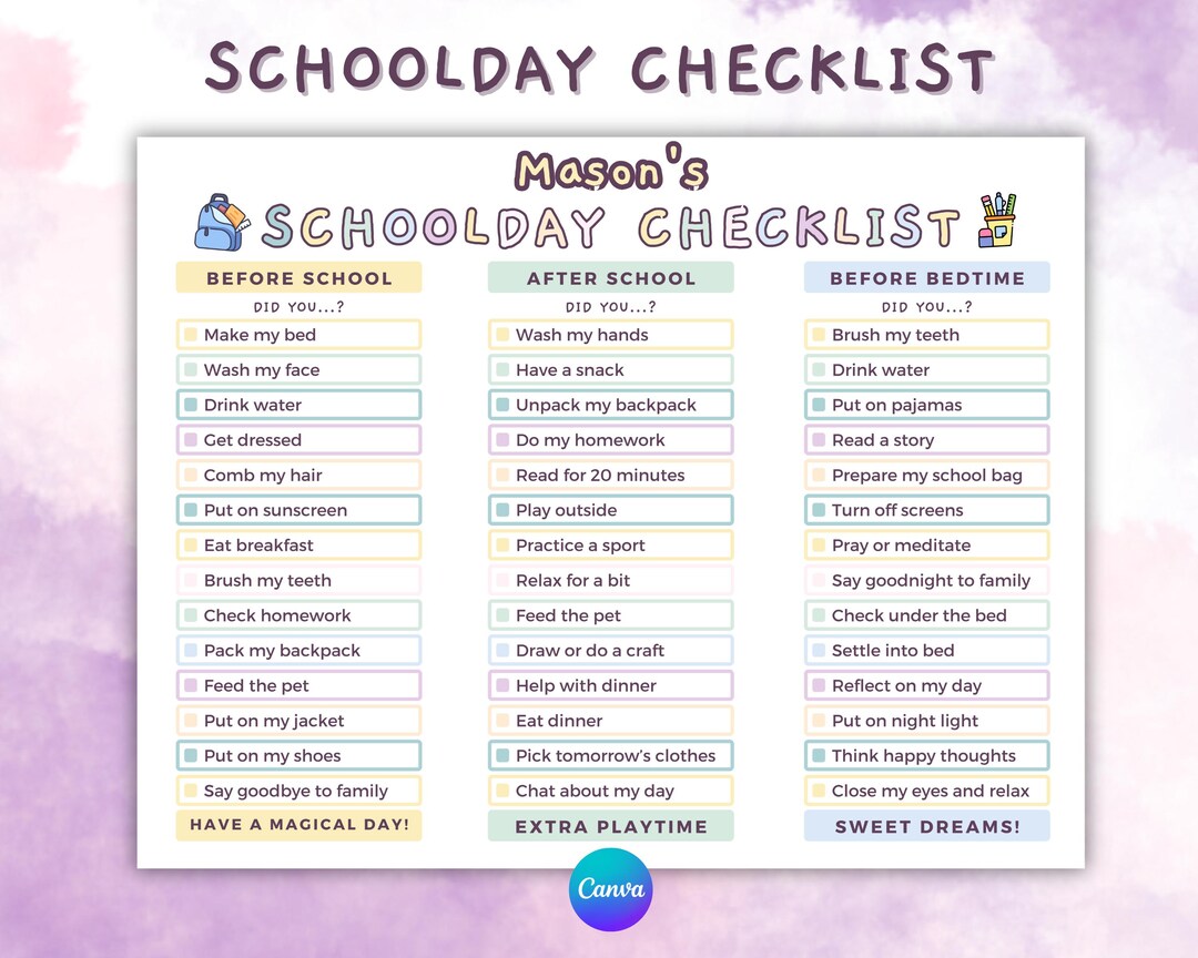 Editable Kids Schoolday Checklist: Daily Responsibility Chart ...