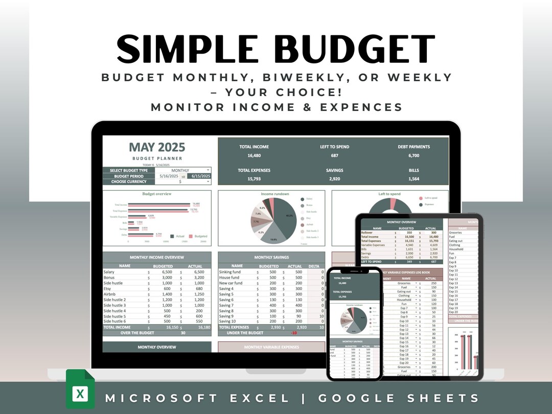 Budget Template Excel & Google Sheets: Monthly, Weekly and Biweekly ...