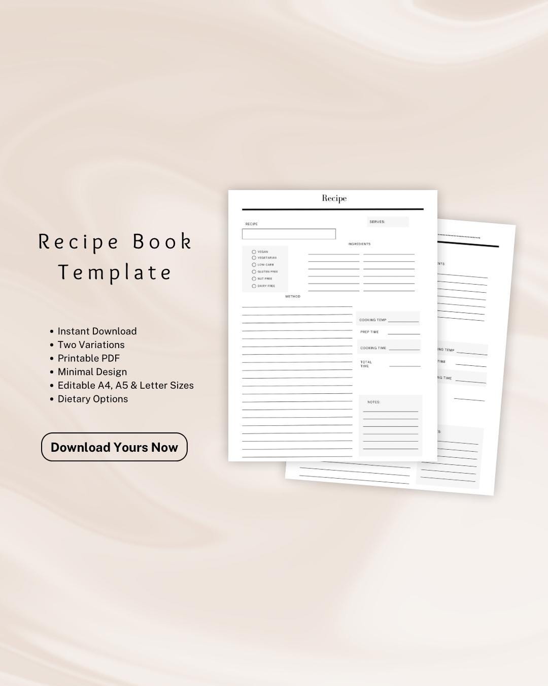 Recipe Book Template, Printable Recipe Template, Blank Template, A4/a5 ...