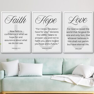 Faith Hope Love Bible Verse Wall Art Set of 3 Grey Prints, Scripture Quote Hebrews 11, Jeremiah ...