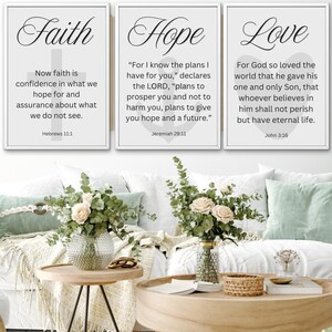 Faith Hope Love Bible Verse Wall Art Set of 3 Grey Prints, Scripture Quote Hebrews 11, Jeremiah ...