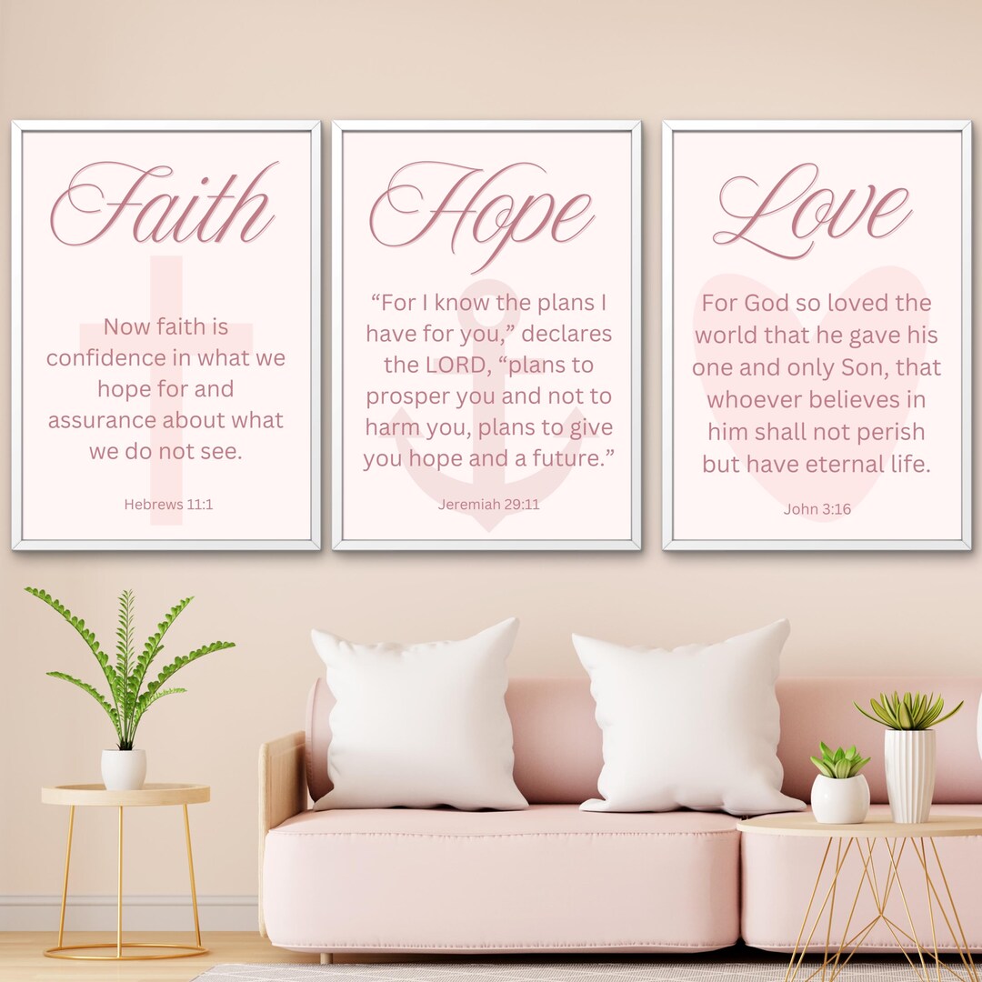 Faith Hope Love Bible Verse Wall Art Set of 3 Peach Prints, Scripture Quote Hebrews 11, Jeremiah ...
