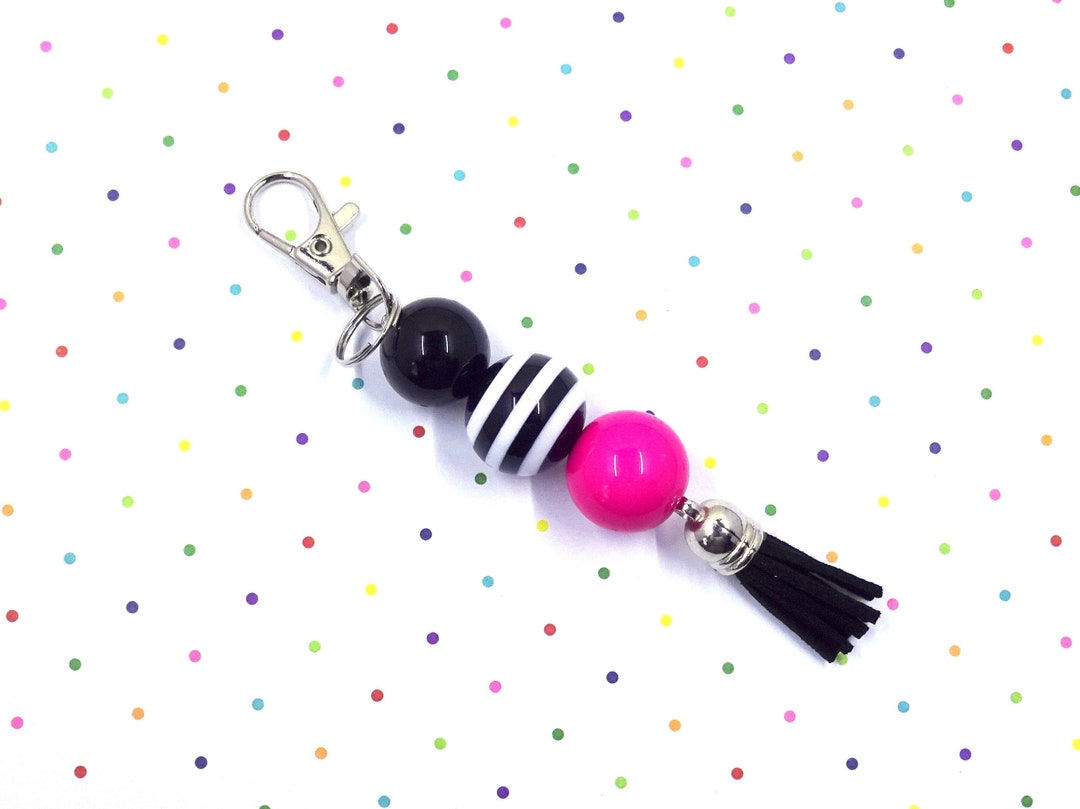 Pink and Black Keychain, Beaded Acrylic Keychain, Glitter Keychain ...
