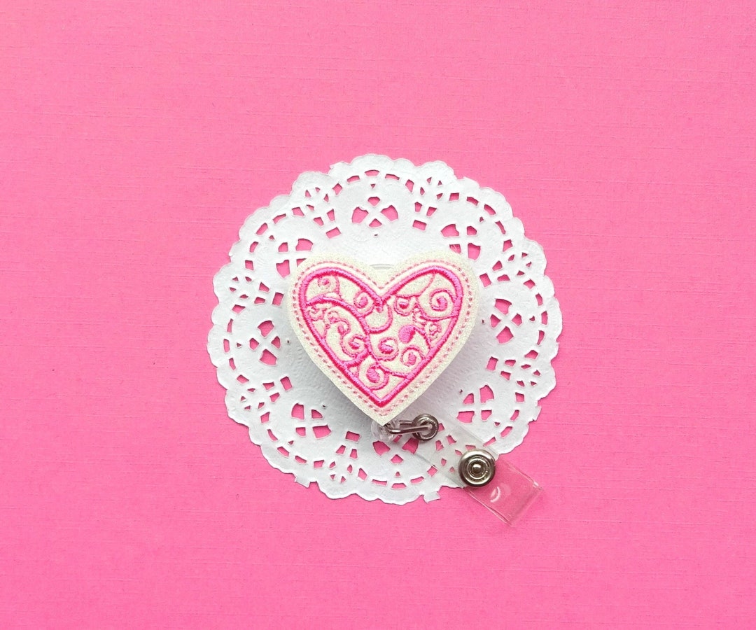 Valentine's Day Badge Reel: Lace Heart, Glitter ID Badge Holder - Etsy