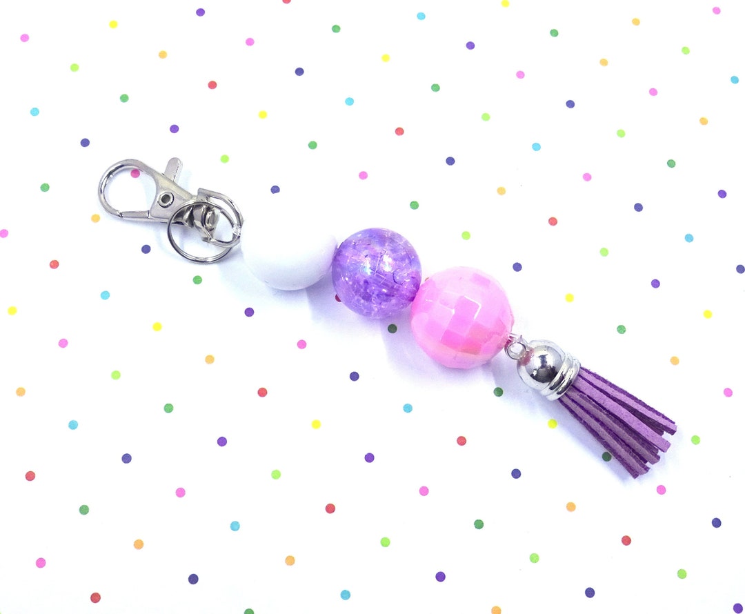 Pink and Purple Keychain, Beaded Acrylic Keychain, Glitter Keychain ...