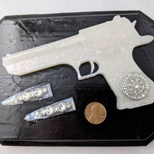 Rhinestone Art Resin Bling White Handgun Pistol & Bullets Black Plaque ...