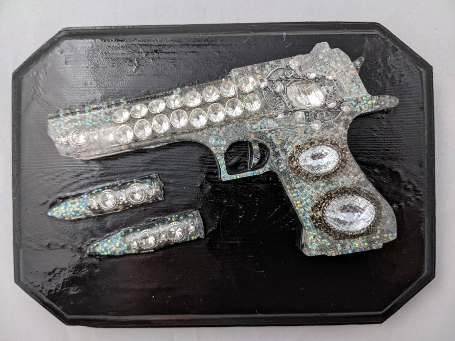 Rhinestone Art Resin Bling Clear Handgun Pistol & Bullets on Plaque ...