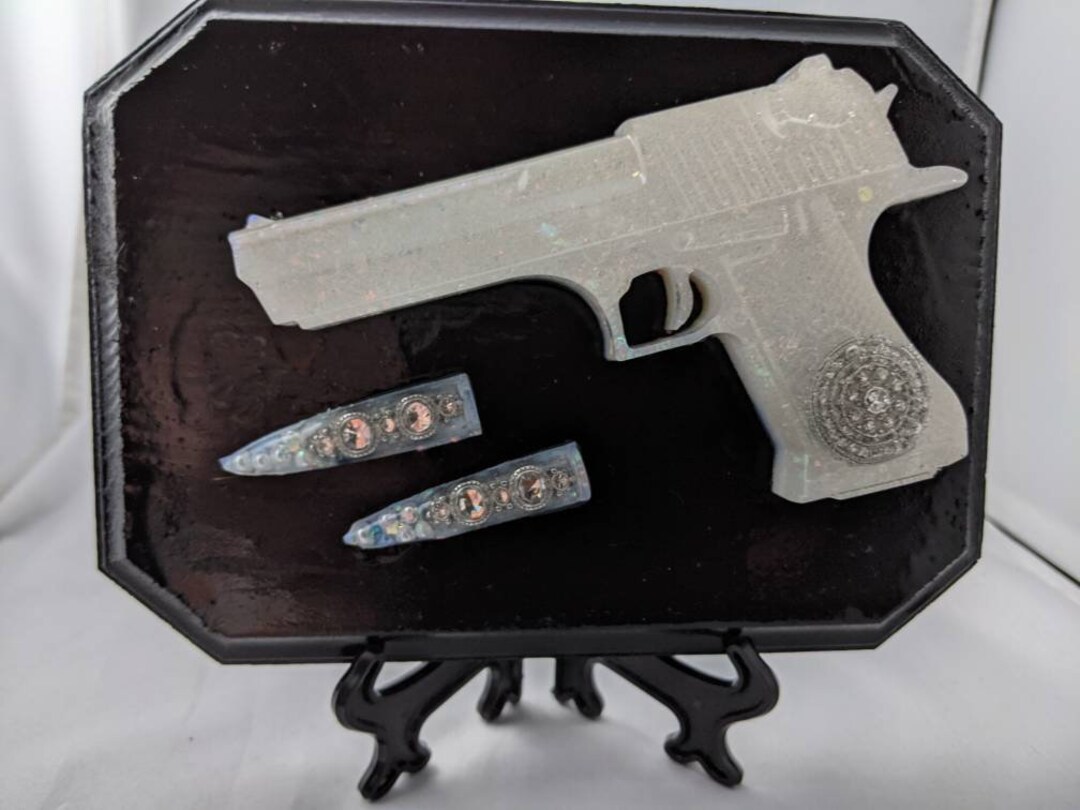 Rhinestone Art Resin Bling White Handgun Pistol & Bullets Black Plaque ...