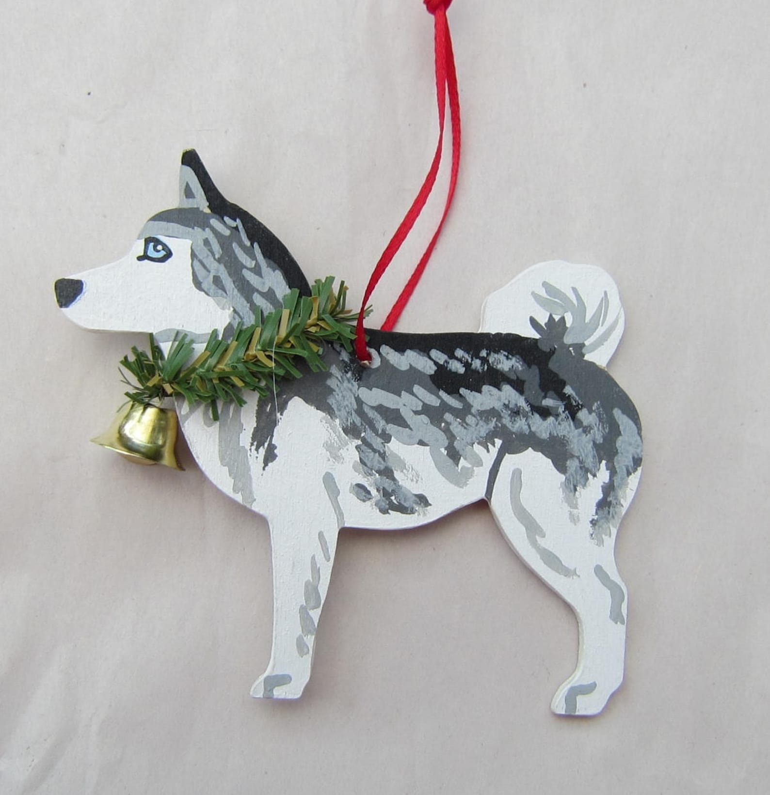 Hand-painted SIBERIAN HUSKY GREY Wood Christmas Tree Ornament Artist ...