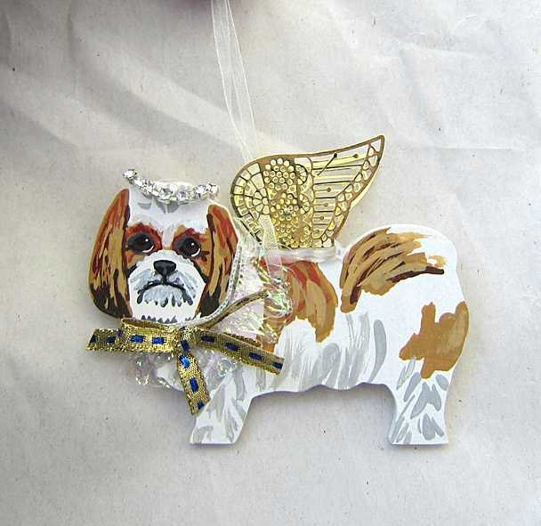Hand-painted SHIH TZU Gold/wht Metal Wing Angel Wood Ornament....artist ...