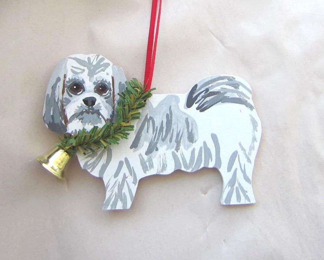 Hand-painted SHIH TZU Grey/white Wood Christmas Tree Ornament Artist ...