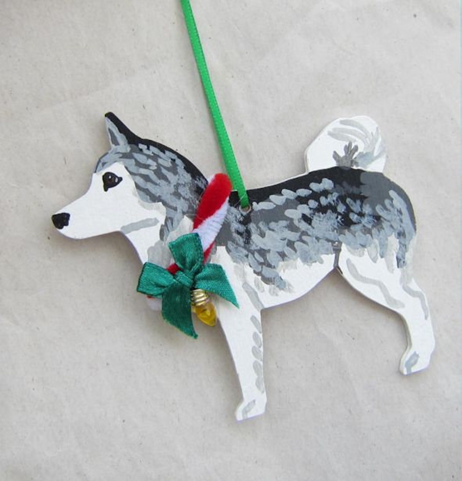 Hand-painted SIBERIAN HUSKY GREY Wood Christmas Tree Ornament Artist ...