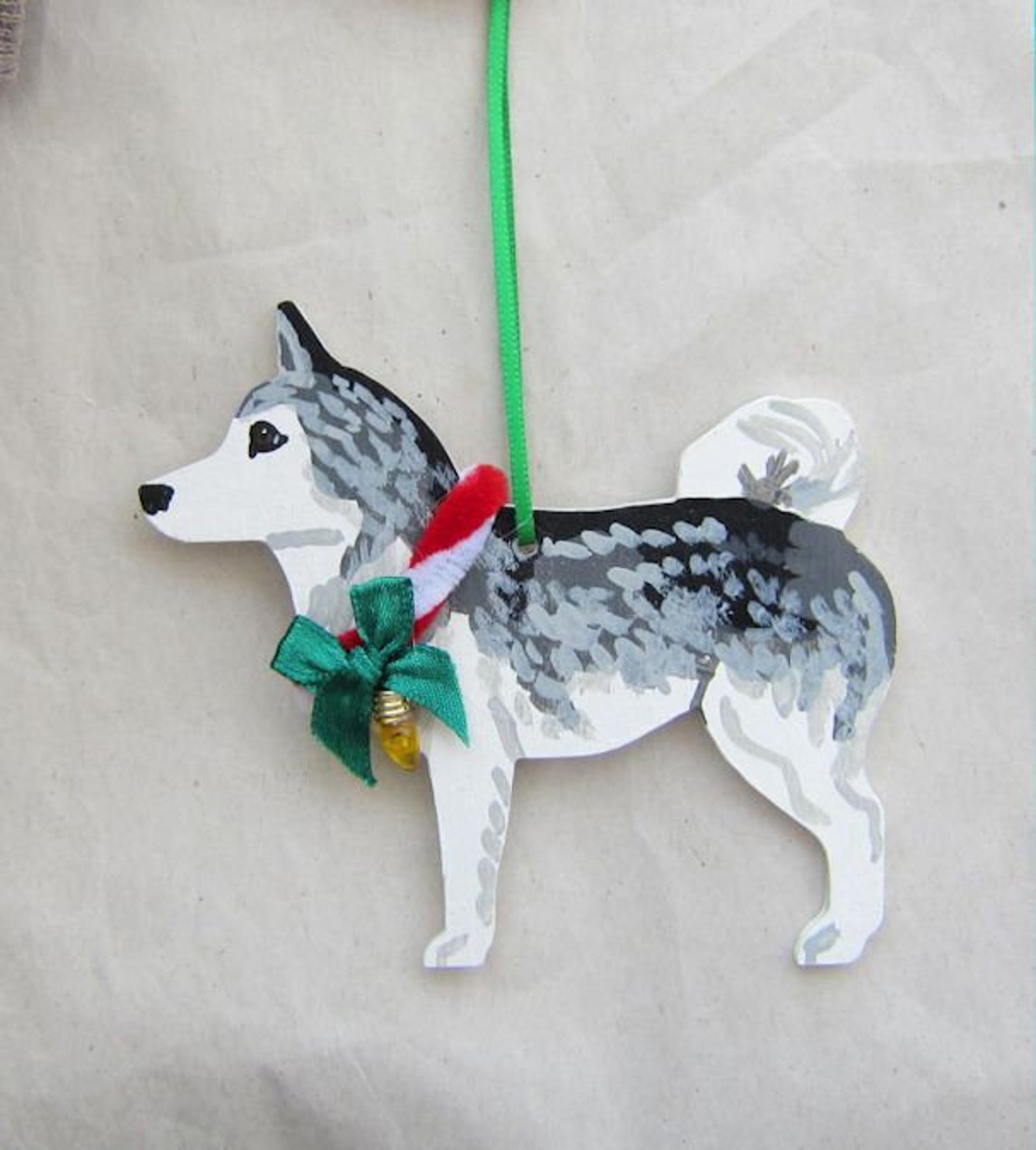 Hand-painted SIBERIAN HUSKY GREY Wood Christmas Tree Ornament Artist ...